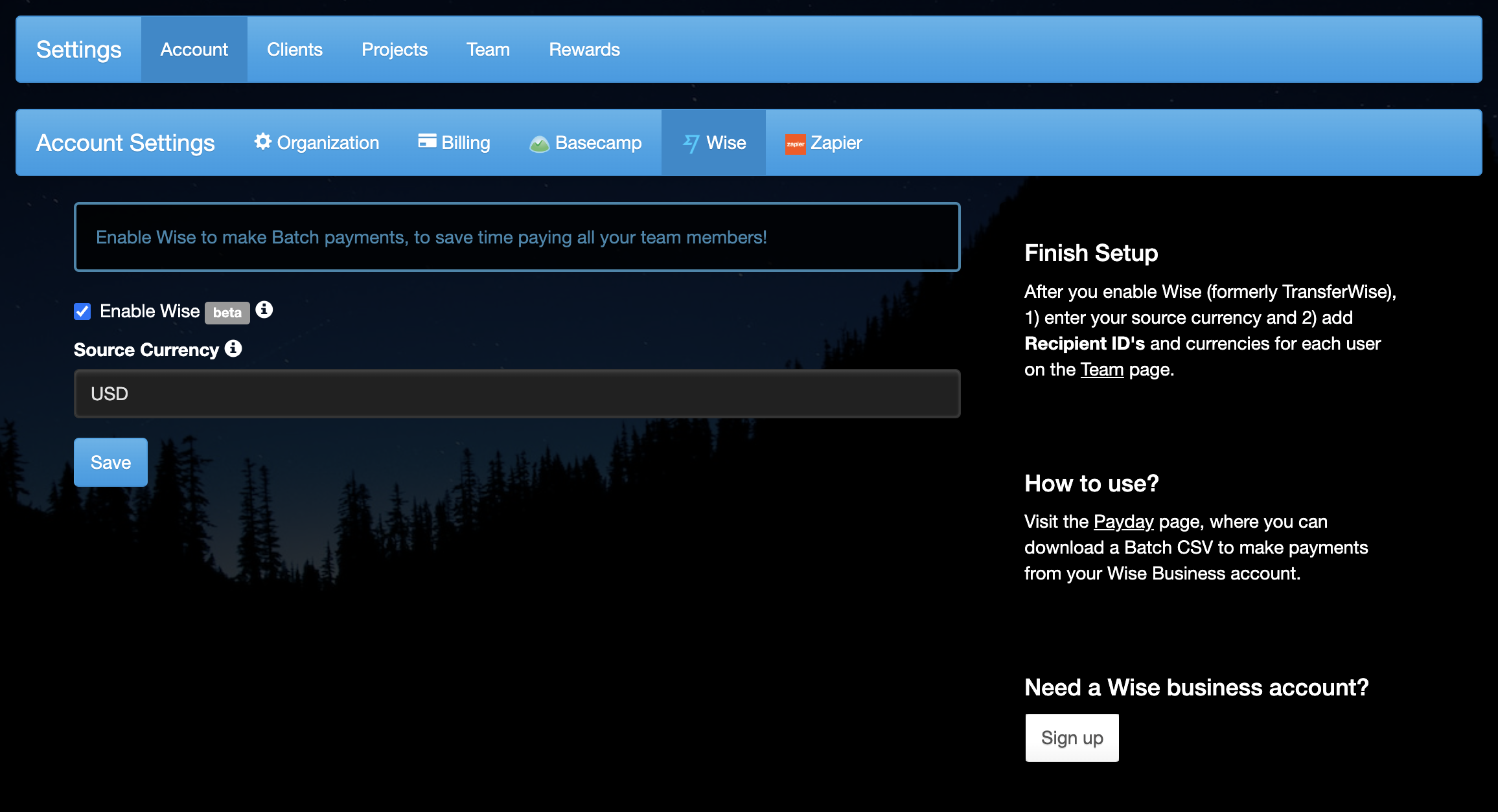 Wise integration – Timesheetr